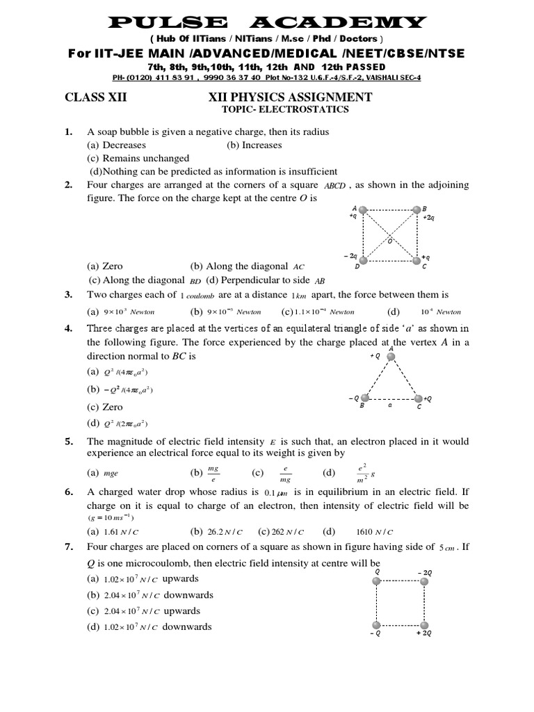 Assignment 1 Electrostatics (Charge, Electric Field) | PDF | Dielectric | Chemistry