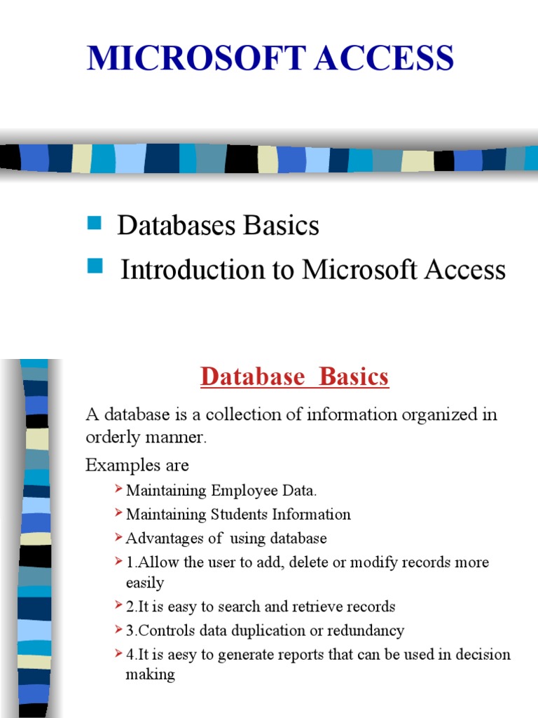 Databases Basics Introduction To Microsoft Access | PDF | Databases ...