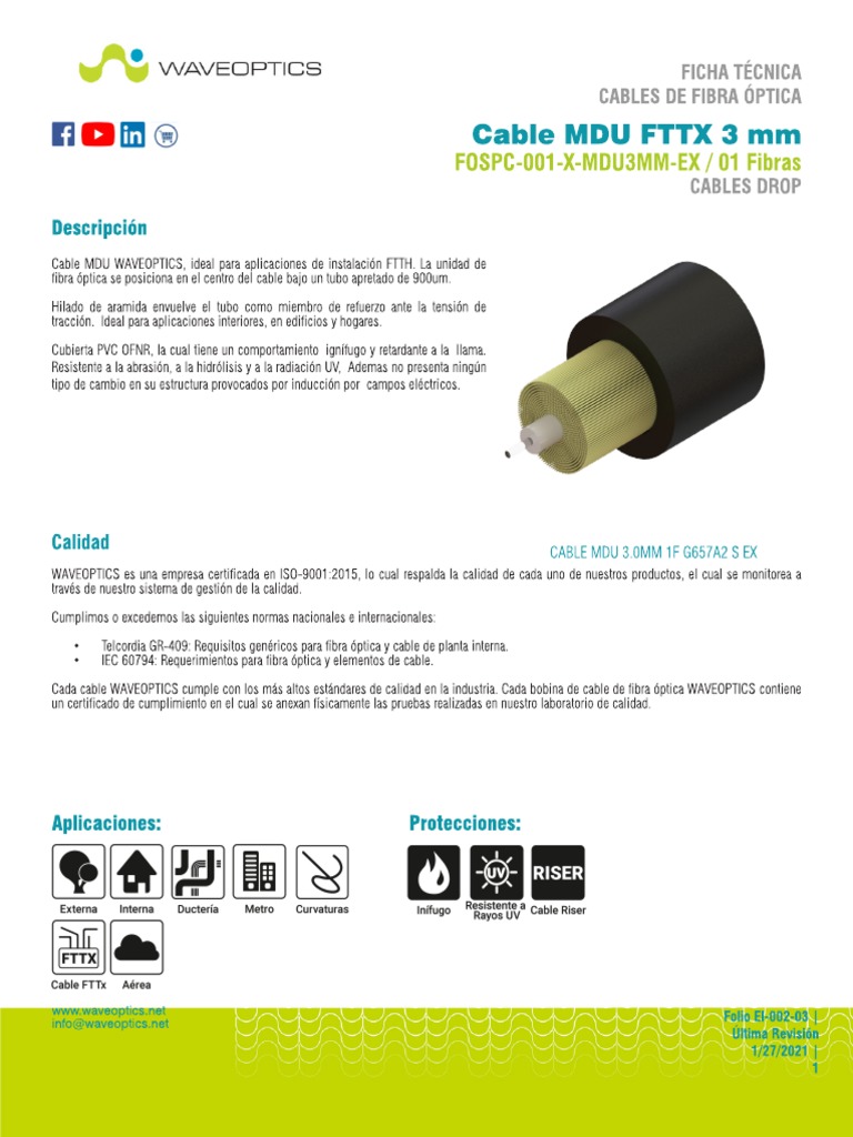 CABLE MDU 3MM + EI-002-02 + FOSPC-00X-X-MDU30MM-EX - 01 Fibra | PDF ...