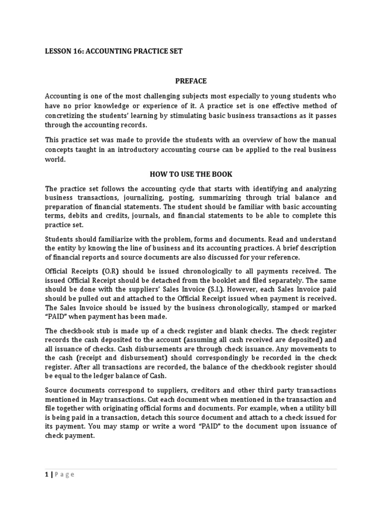 Lesson 16: Accounting Practice Set | PDF | Debits And Credits | Bookkeeping