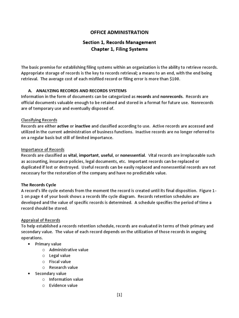 Office Administration Section 1, Records Management Chapter 1, Filing ...