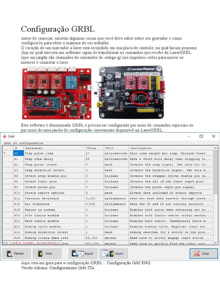 Configuração do firmware GRBL e parâmetros do LaserGRBL para controle ...