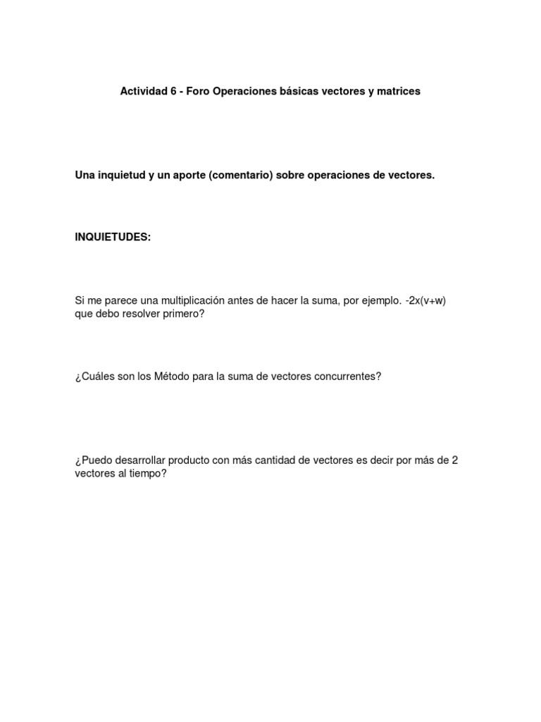 Actividad 6 Foro Operaciones Básicas Vectores y Matrices | PDF