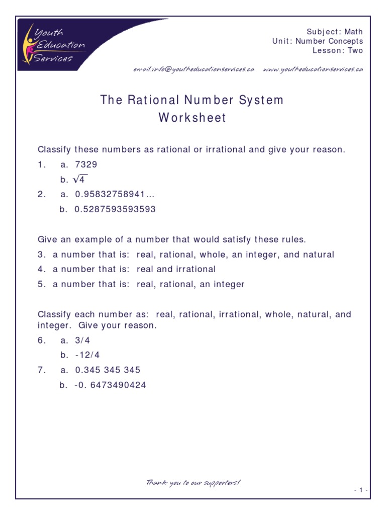 The Rational Number System Worksheet: Email:info@youtheducationservices ...