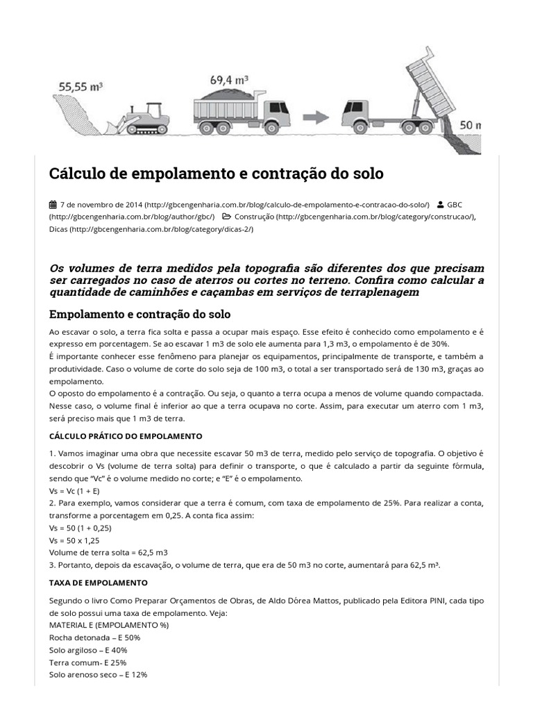 Cálculo de Empolamento e Contração Do Solo - GBC Engenharia | PDF