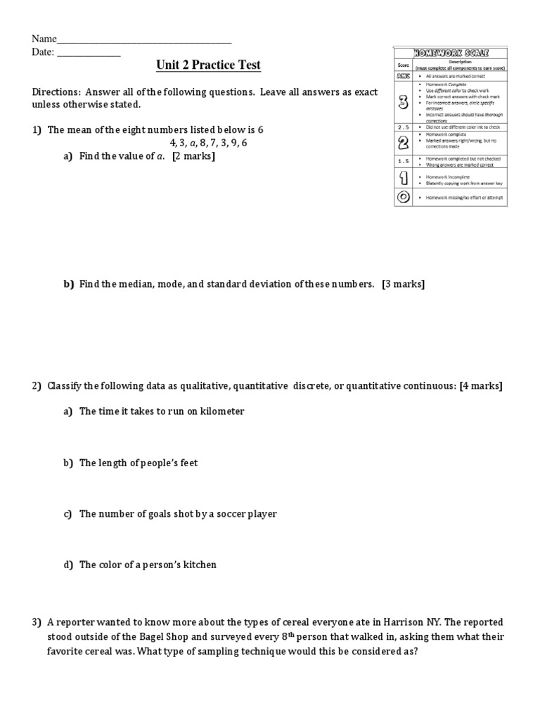 Unit 2 Practice Test: B) Find The Median, Mode, and Standard Deviation ...