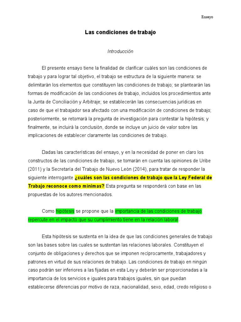 Condiciones Laborales en el Ensayo del Trabajo | PDF | Salario ...