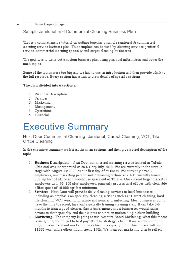 Executive Summary: Sample Janitorial and Commercial Cleaning Business ...