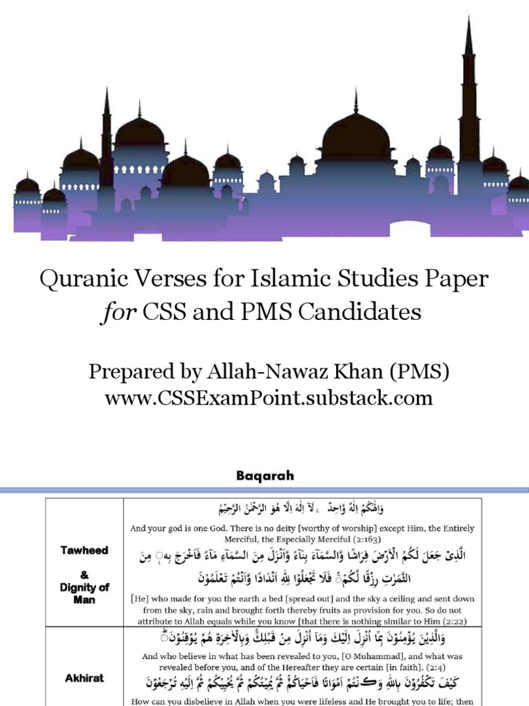 Selected Verses For Islamiat Paper | PDF