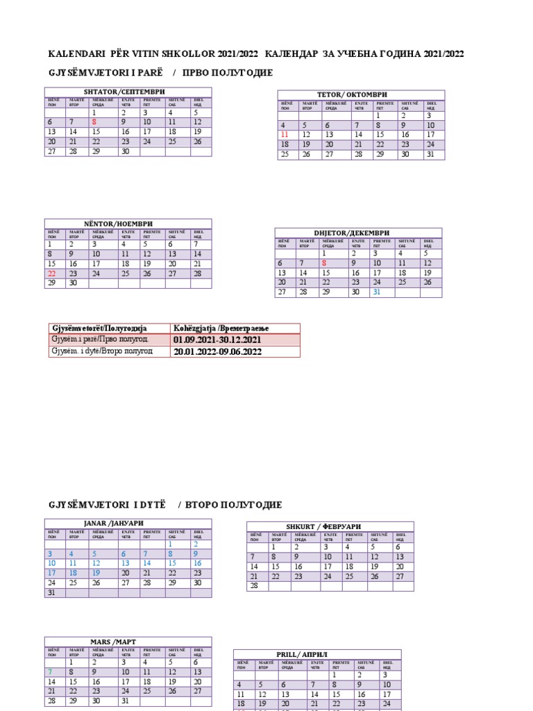 Kalendari Për Vitin Shkollor 2021 | PDF