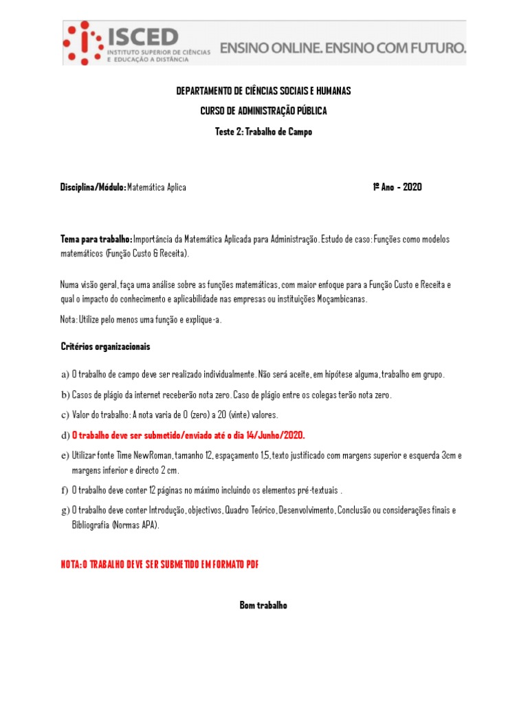 ISCED - Trabalho de Campo - Mat - 2020 | PDF