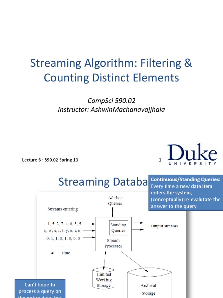 Streaming Algorithm: Filtering & Counting Distinct Elements: Compsci 590.02 Instructor ...