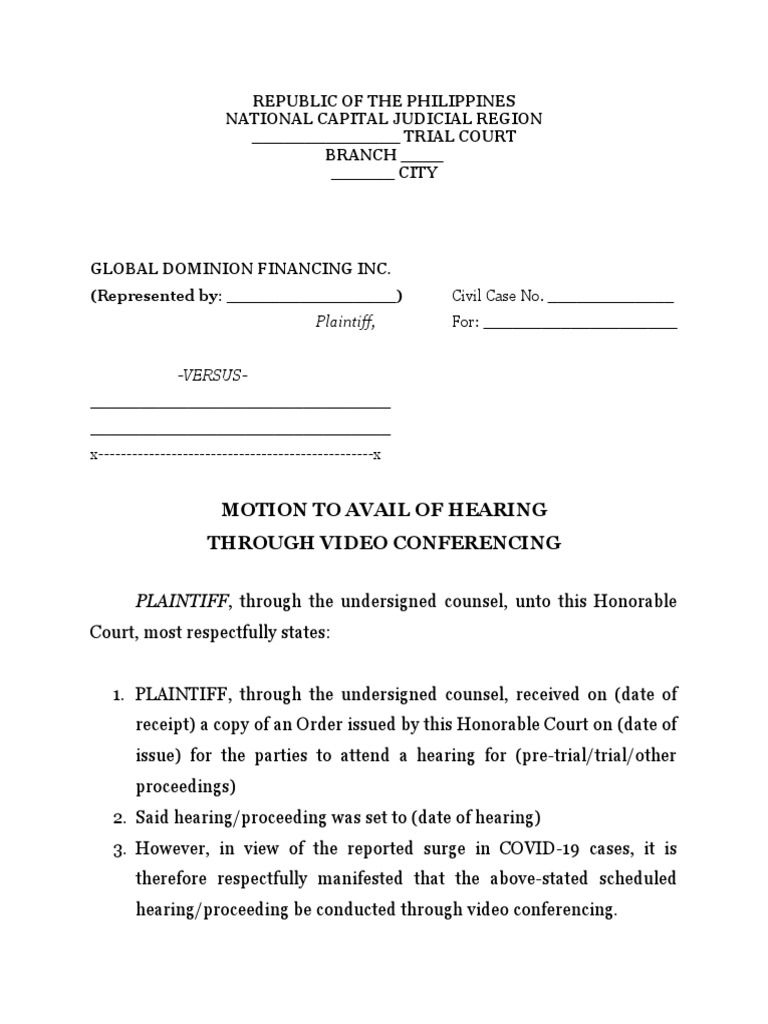 Motion for Video Conference Hearing | PDF | Courts | Common Law