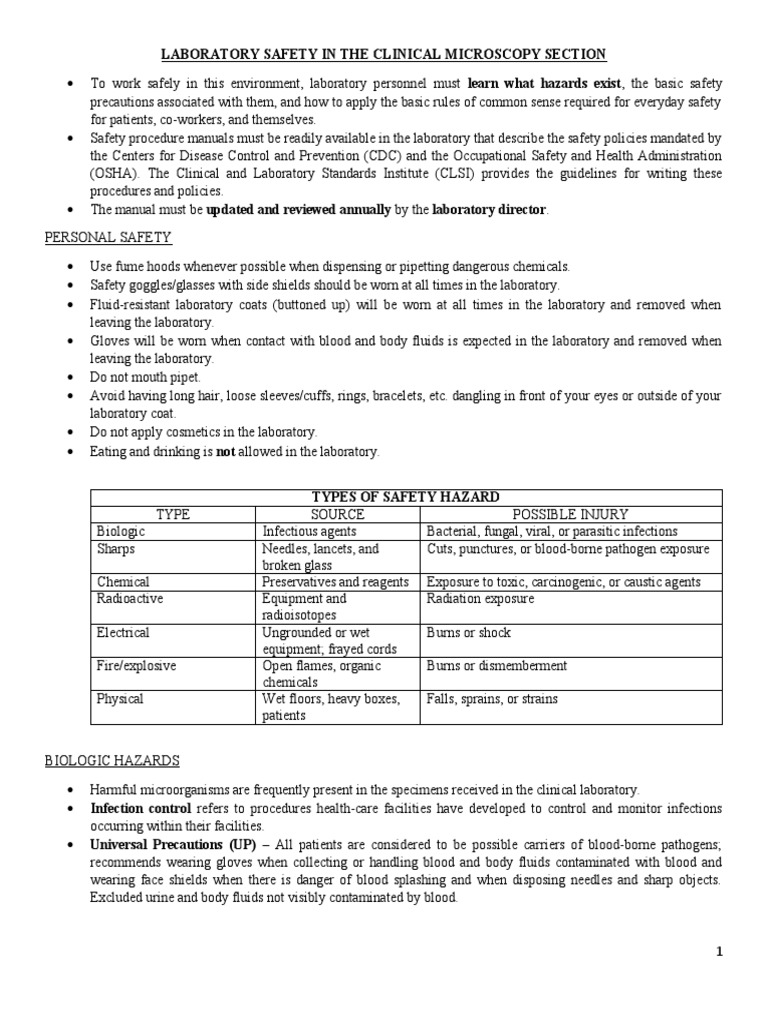 Laboratory Safety in The Clinical Microscopy Section | PDF | Infection ...