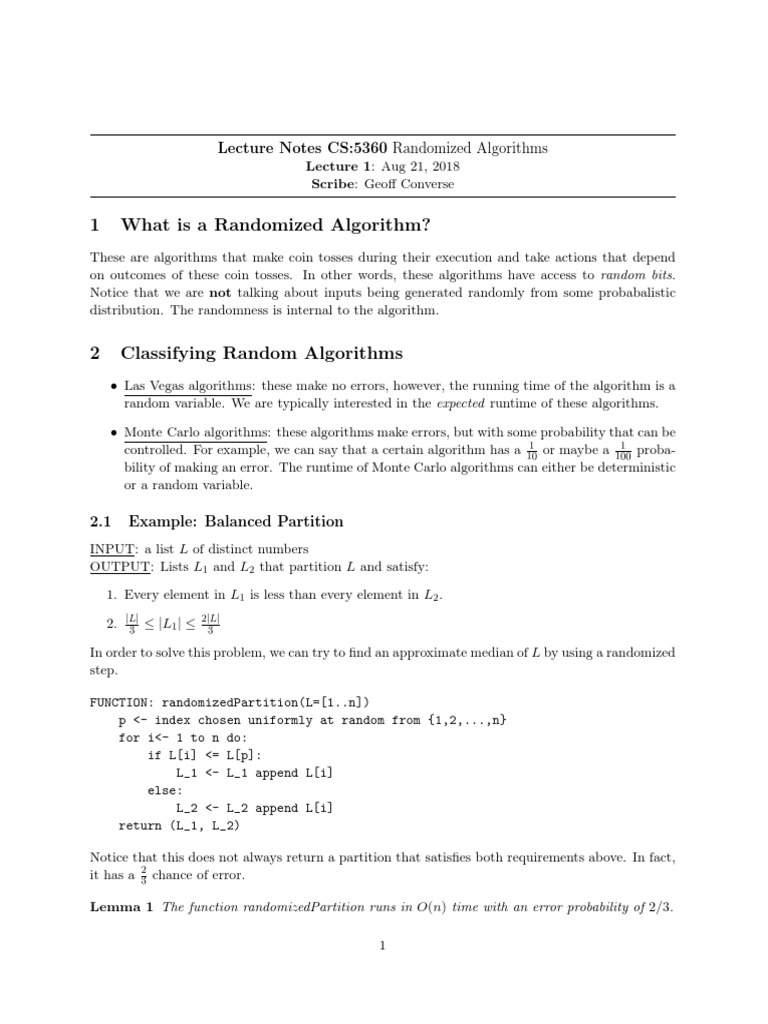 1 What Is A Randomized Algorithm Lecture Notes Cs5360 Randomized Algorithms Pdf Time 8102