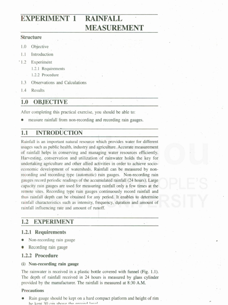 Experiment 1 Rainfall Measurement: 1 0 Objective | PDF | Rain | Water