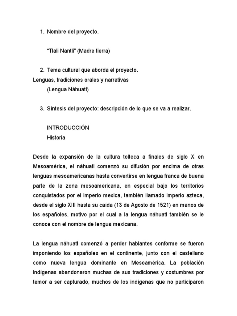 Proyecto Lengua Náhuatl | PDF | Náhuatl | Mesoamérica