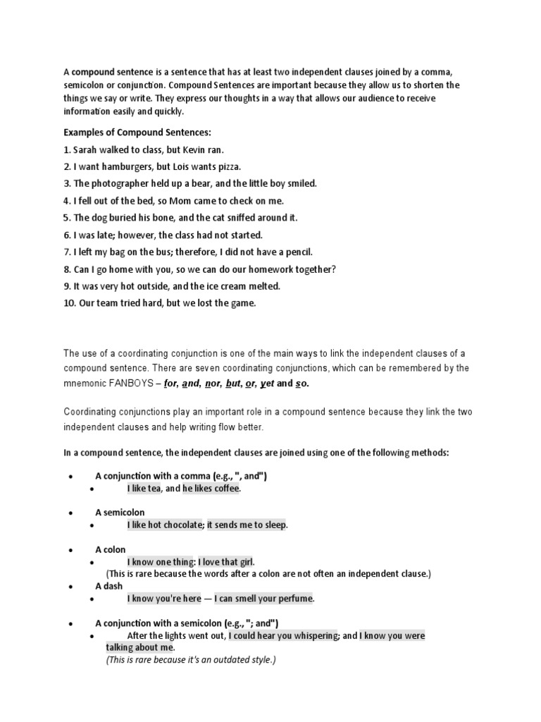 Examples of Compound Sentences:: A Conjunction With A Comma (E.g ...