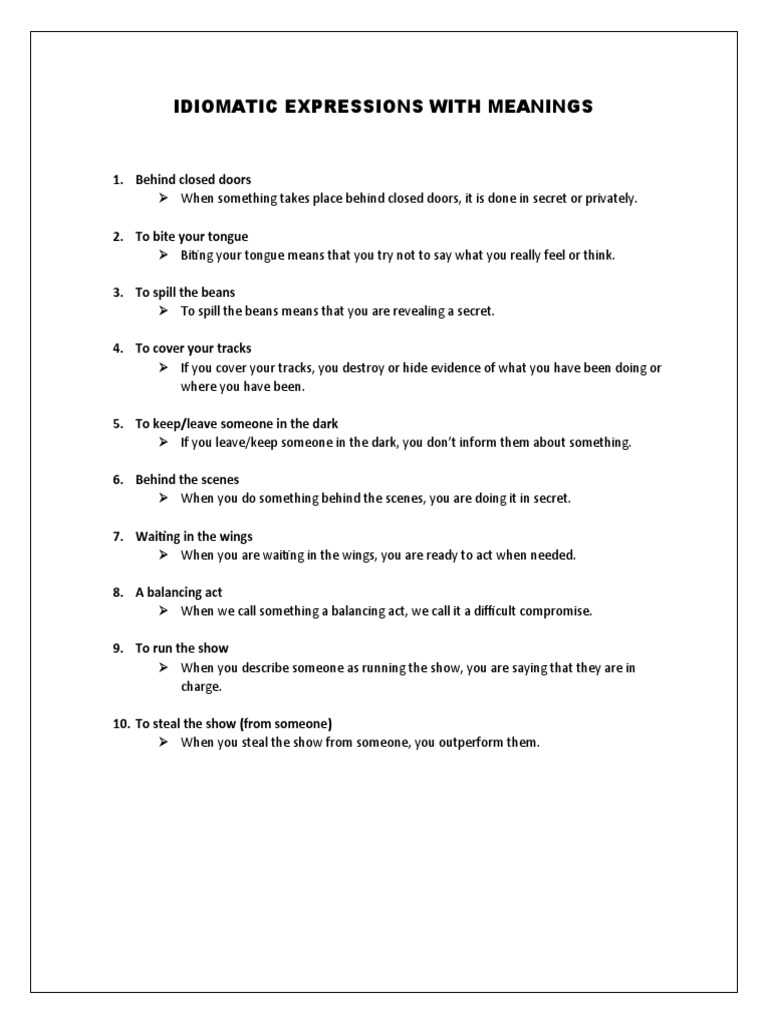 Idiomatic Expressions With Meanings | PDF | Language Arts & Discipline