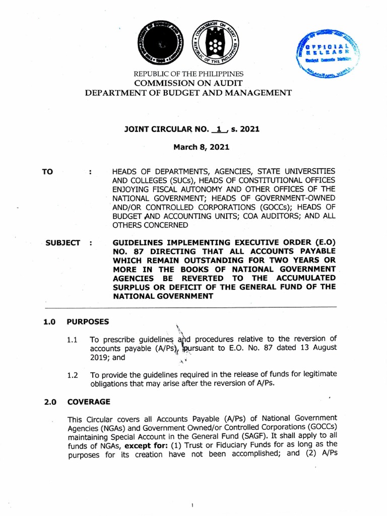 Coa DBM Joint Circular No 1 S 2021 | PDF | Government Budget Balance ...