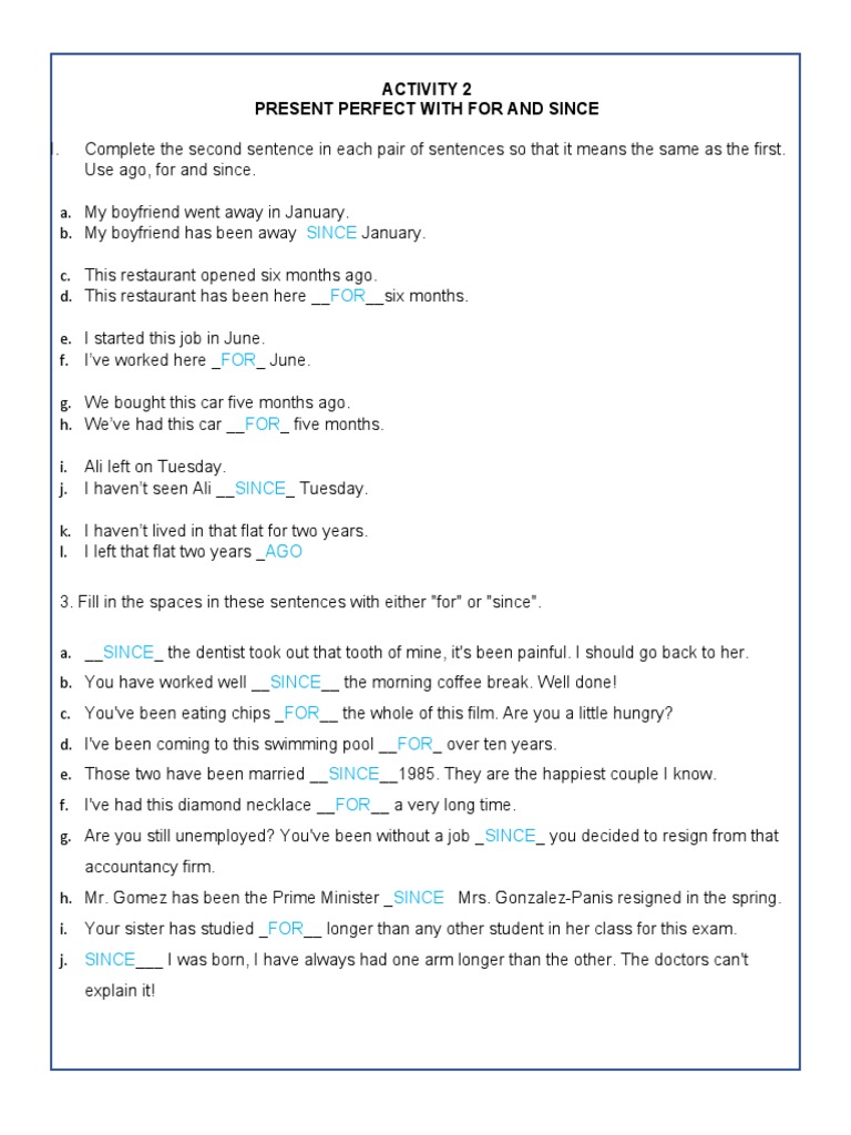 Since: Activity 2 Present Perfect With For and Since | PDF | Grammar ...