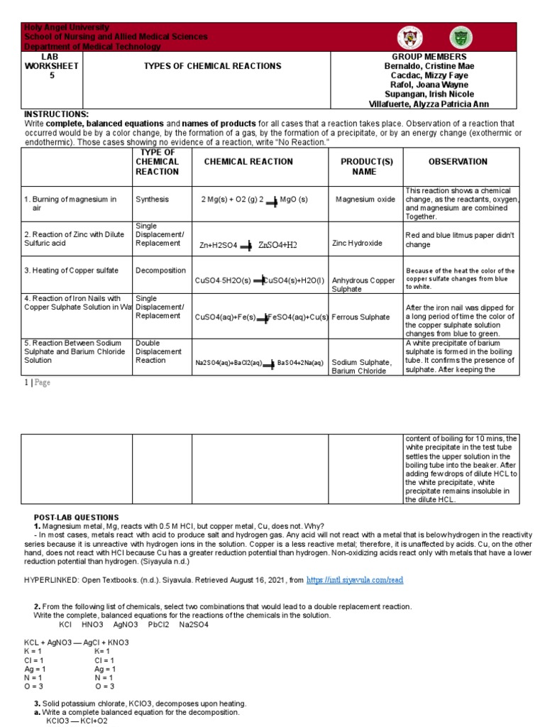 MTGCHEM1 LAB WORKSHEET 5 Types of Chemical Reactions 1 | PDF | Chemical ...