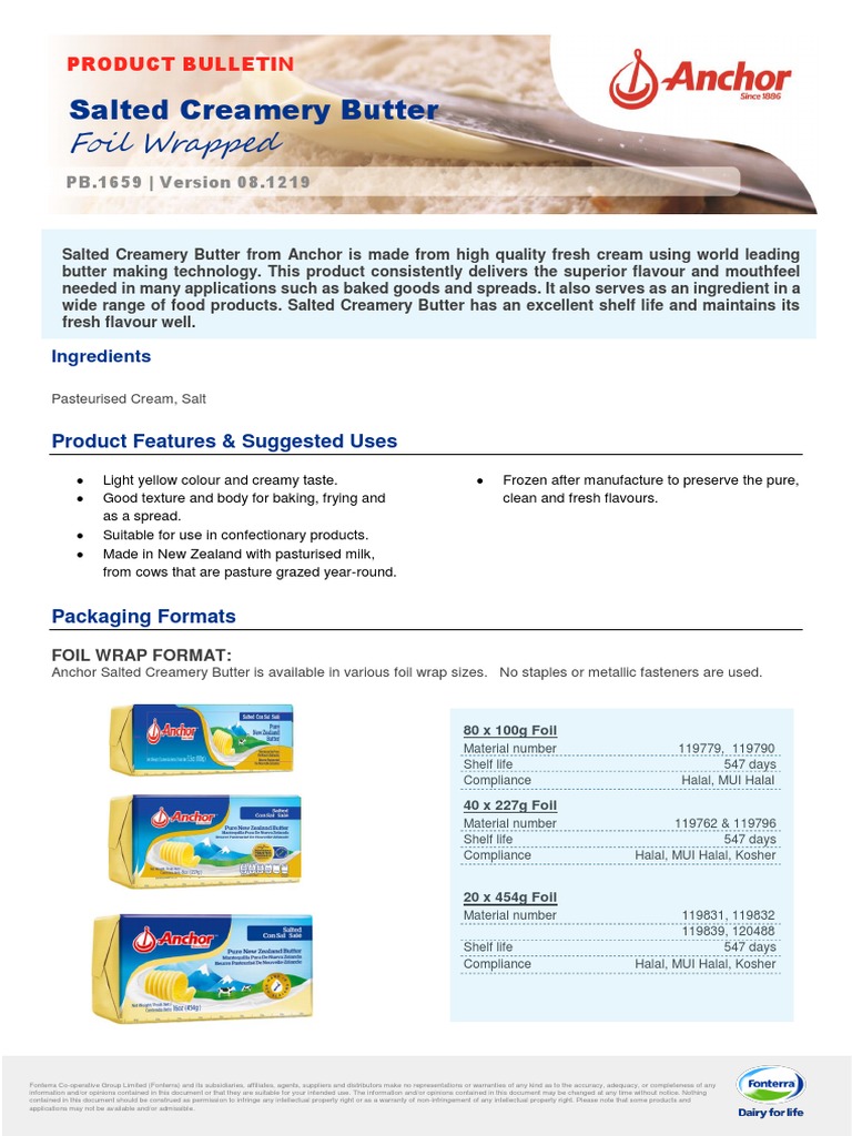 Anchor Butter Salted 227g | PDF | Butter | Fat