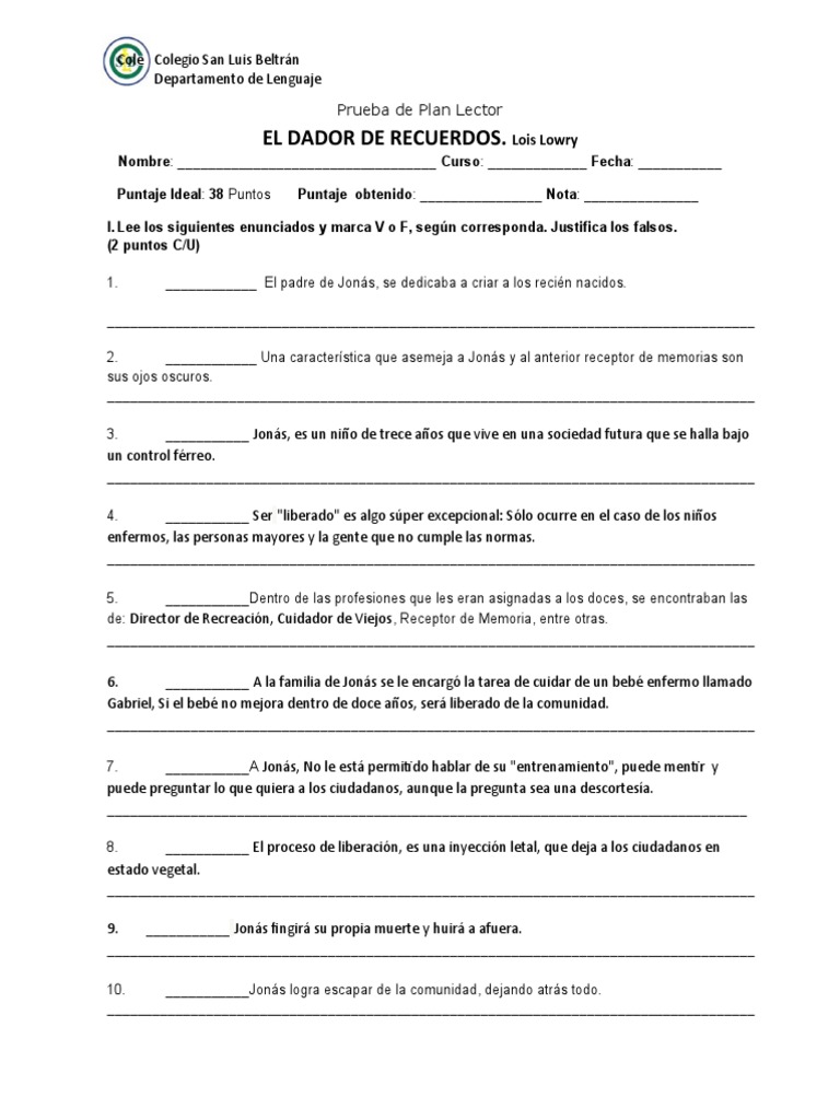 Análisis de comprensión lectora del libro "El dador de recuerdos | PDF