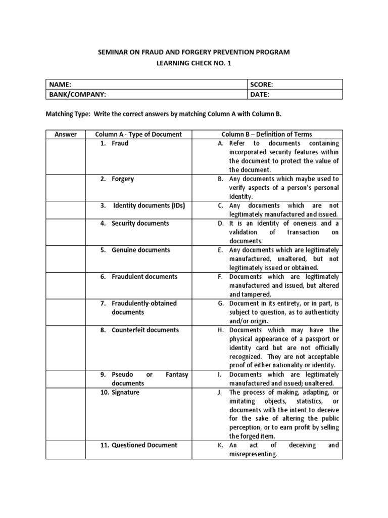 Seminar On Fraud & Forgery Prevention Program - Learning Check No. 1 ...