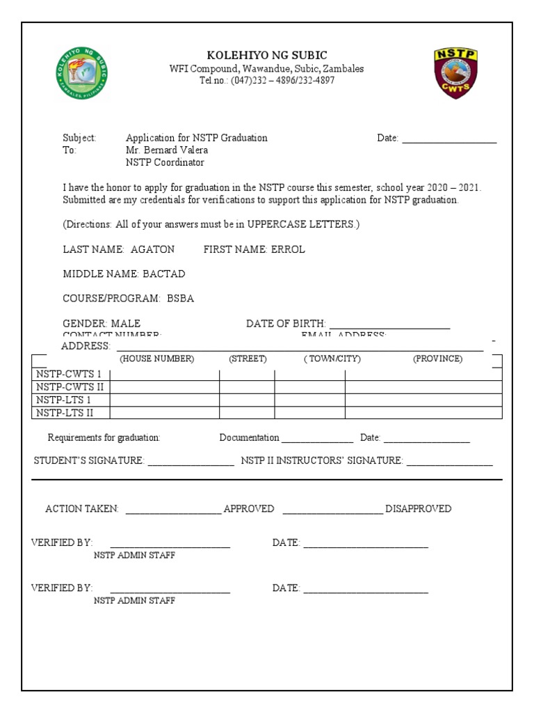 NSTP Graduation Application | PDF | Email | Academic Degree