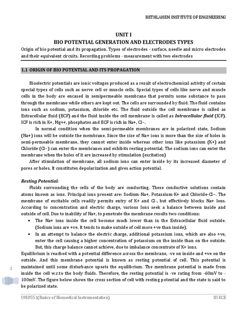 Unit 1 Bio Potential Generation and Electrode Types | PDF | Action Potential | Depolarization