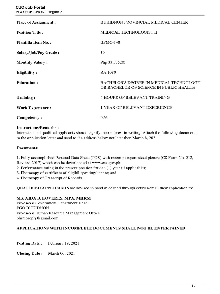 Pgo Bukidnon-Medical Technologist Ii | PDF | Health Care