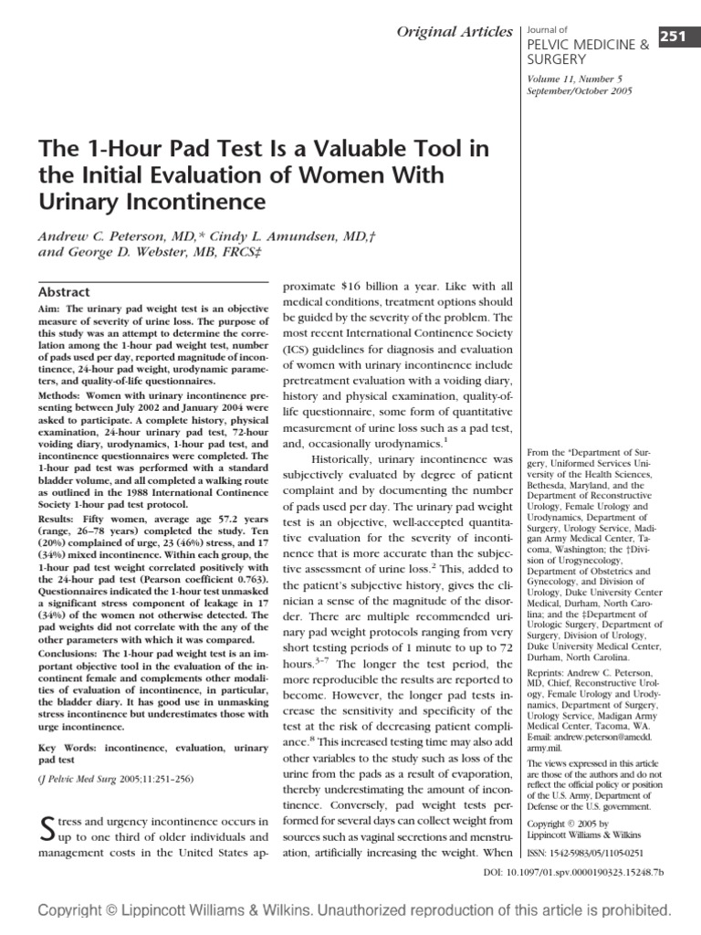 The 1-Hour Pad Test 2005 | PDF | Urinary Incontinence | Medical Specialties