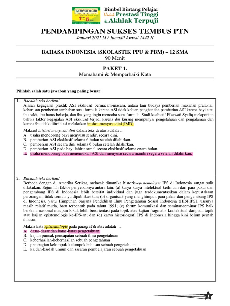 WORKSHEET SMAN 5 Tambun Selatan - Bahasa Indonesia (PPU Dan PBM) - Paket 1. Memahami & Perbaikan ...