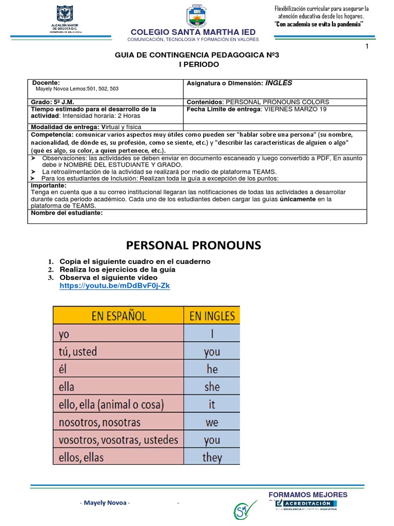 Personal Pronouns para Colorear | PDF | Aprendizaje | Pedagogía