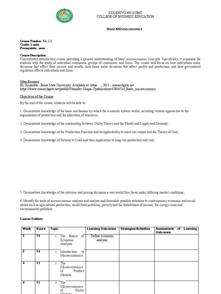Basic Microeconomics: Course Number: BA 111 Credit: 3 Units ...