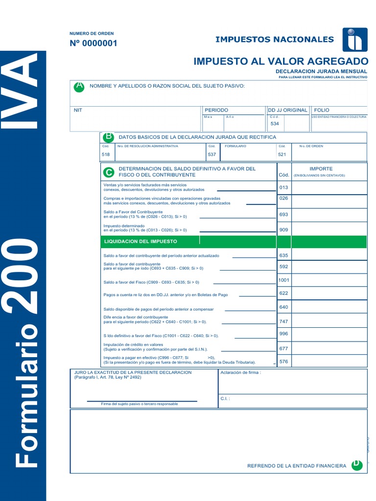 Formulario 200 Iva Bolivia | PDF | Impuestos | Finanzas del gobierno