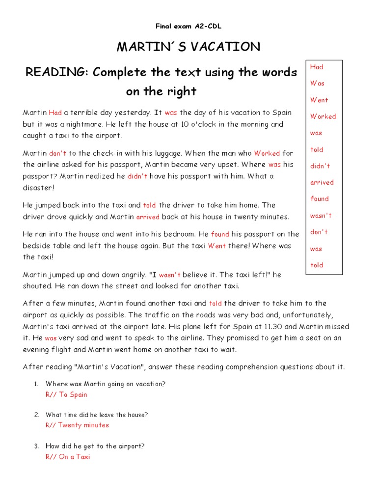 Martin S Vacation READING: Complete The Text Using The Words On The ...