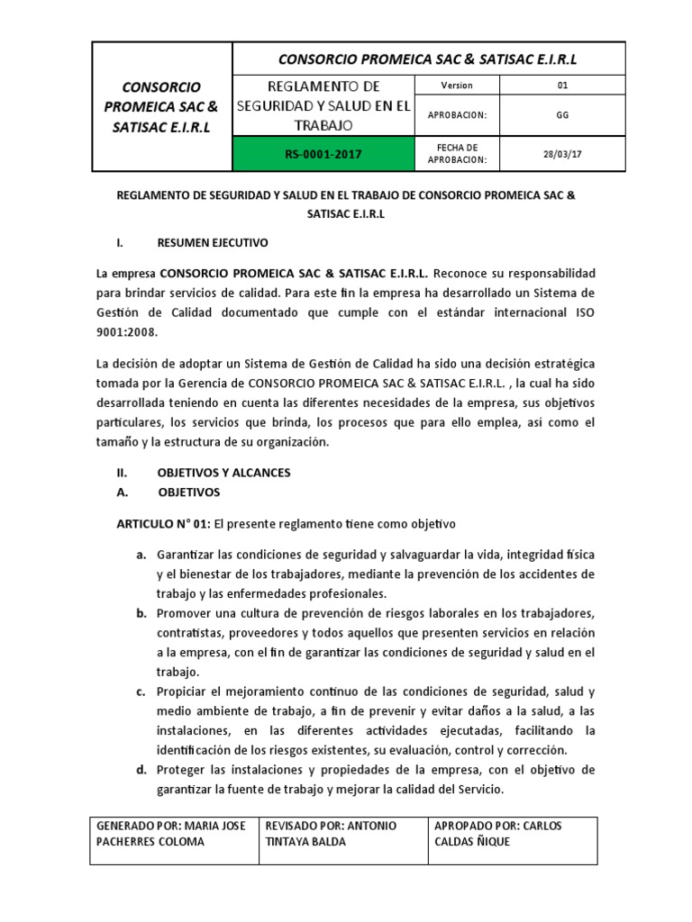 Reglamento de Seguridad y Salud en El Trabajo (Caldero) | PDF | Sistema de manejo de calidad ...