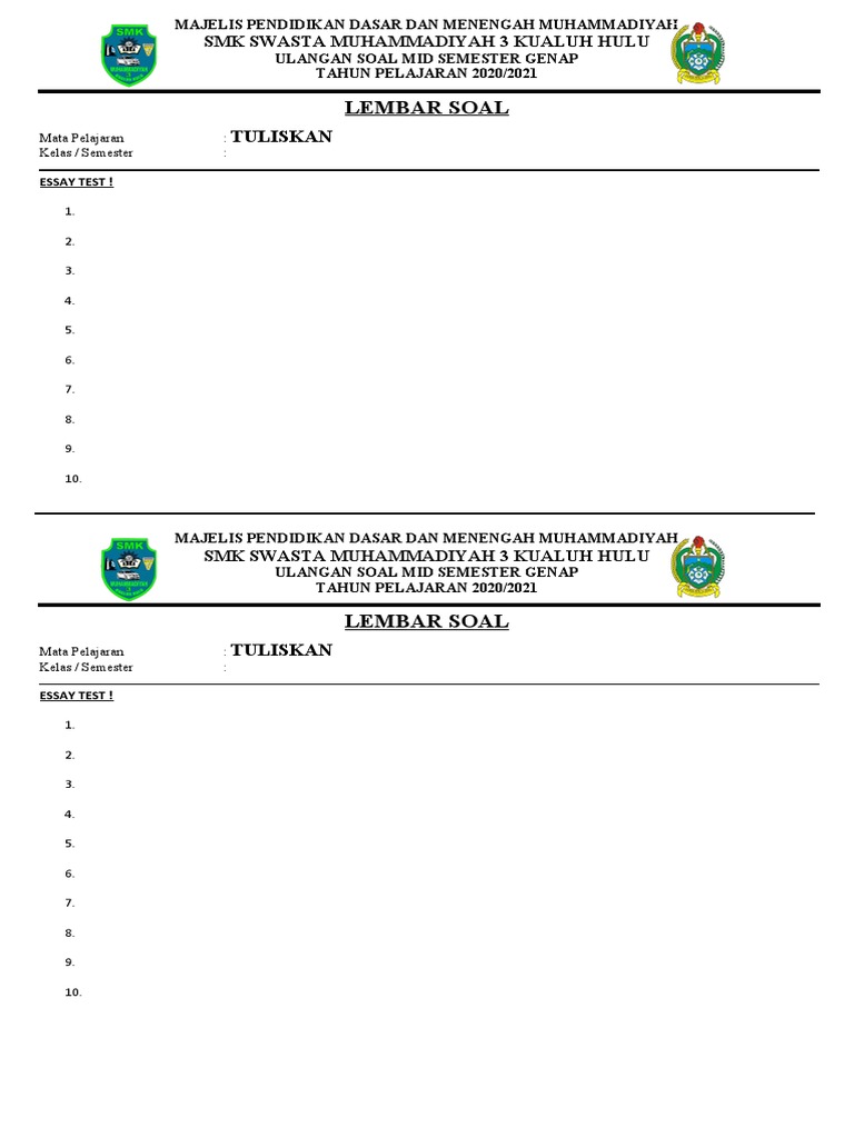Format Soal Ulangan Mid Semester Kelas X Dan Xi TP 2020 2021 | PDF