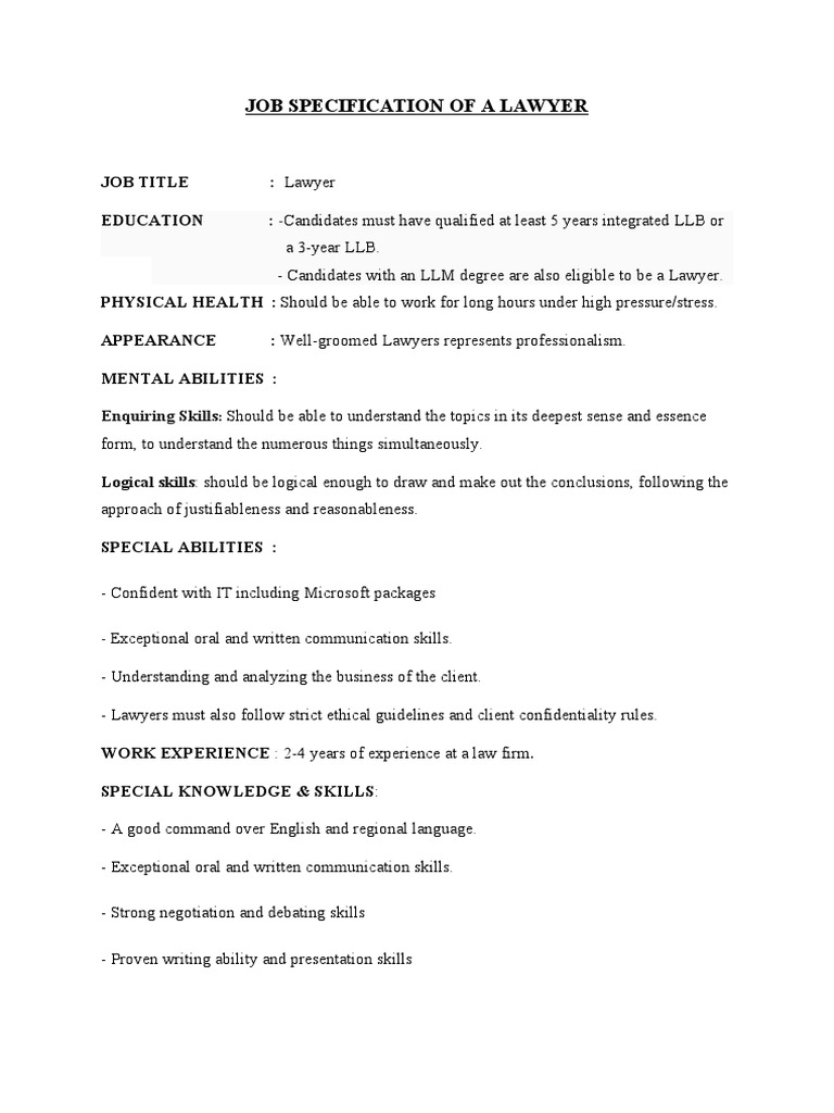 Lawyer Job Specification Overview | PDF | Business