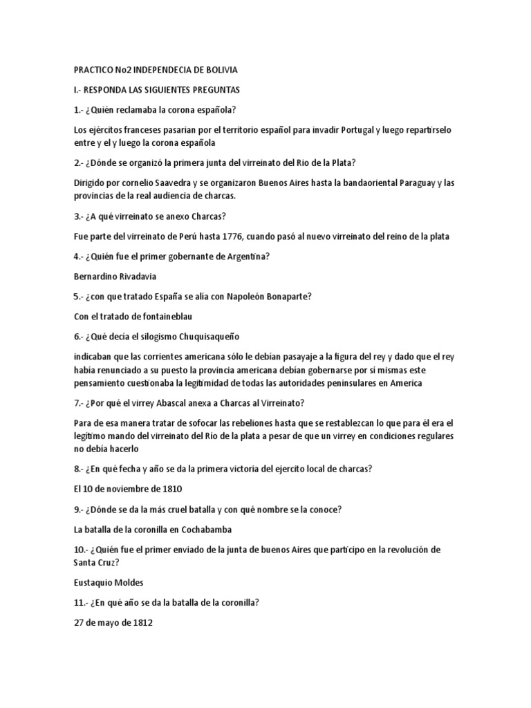 PRACTICO No2 INDEPENDECIA DE BOLIVIA | PDF | América del Sur | Bolivia