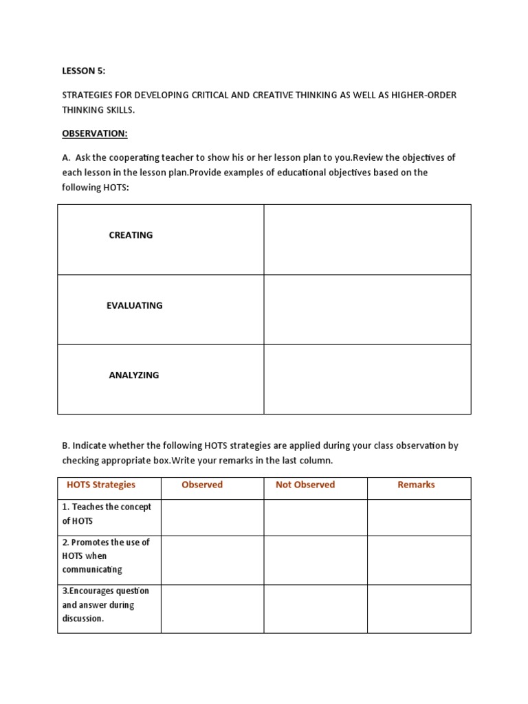 Lesson 5:: HOTS Strategies Observed Not Observed Remarks | PDF | Lesson ...