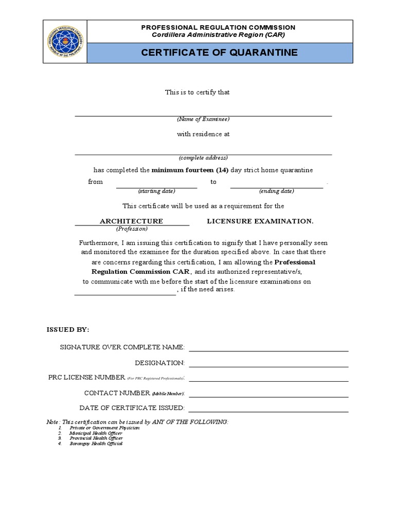 Quarantine Certificate BAGUIO | PDF | Licensure | Certification