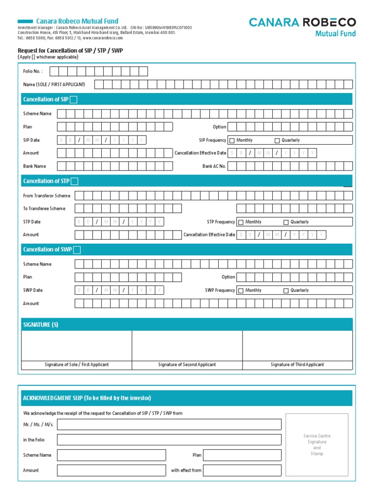 Cancellation of Sip STP SWP Form CANARA ROBECO | PDF | Economies ... Cancellation of Sip STP SWP Form CANARA ROBECO | PDF | Economies ...