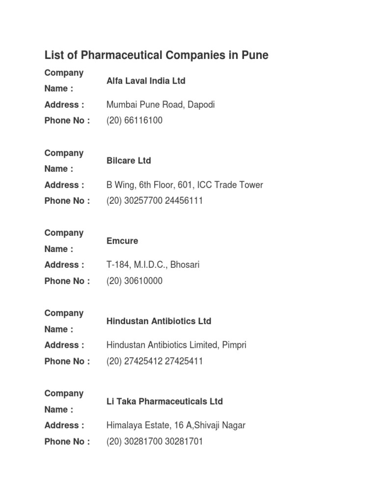 List of Pharmaceutical Companies in Pune | PDF | Pharmacology | Life ...
