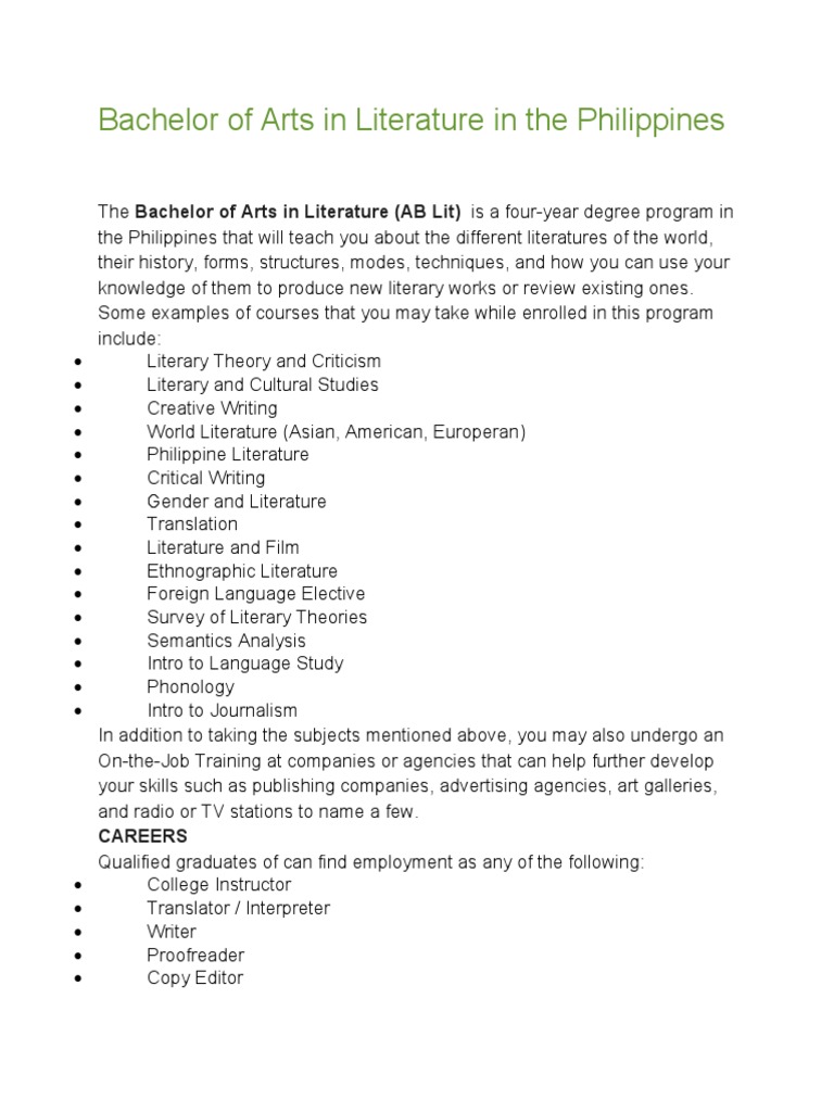 Bachelor of Arts in Literature in The Philippines | PDF