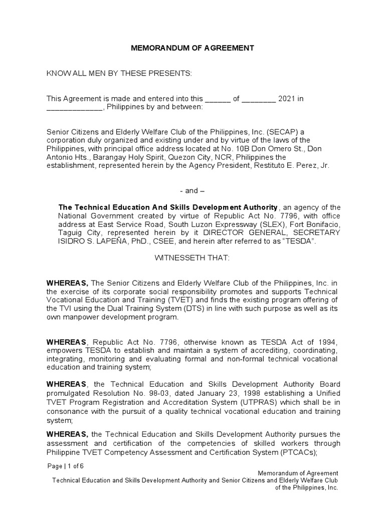 Sample MOA With TESDA | PDF | Employment | Government