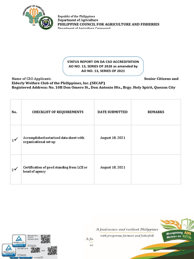Checklist of Requirements and Status Report On CSO Application | PDF ...