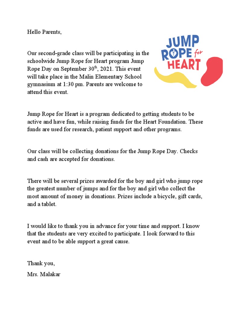 Jump Rope For Heart Parent Letter | PDF